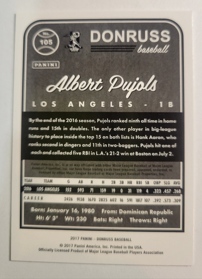 2017 Albert Pujols #105 Donruss Los Angeles Angels 1st Baseman Baseball ...