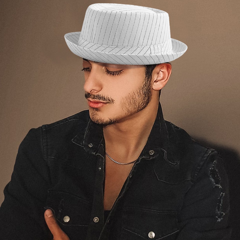 Mens Manhattan Structured Gangster Trilby Fedora Hat Short Brim Striped ...