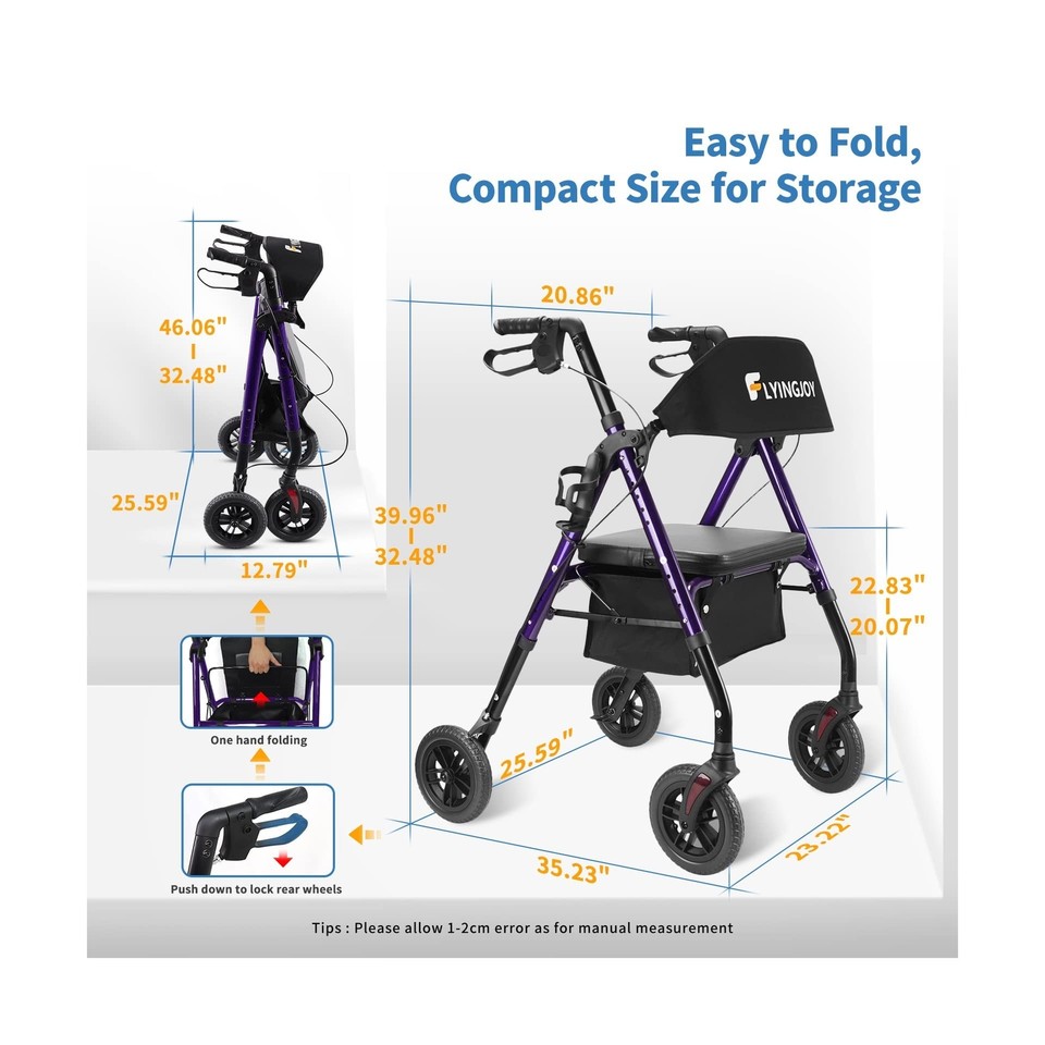 Rollator Walker with Seat and Brakes, 300 lbs Adults Bariatric Walker ...