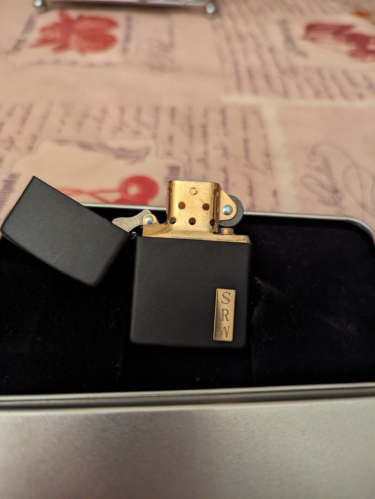 Zippo Lighter - Custom Engraved Black and Gold "SRW" in Metal Zippo Tin ...