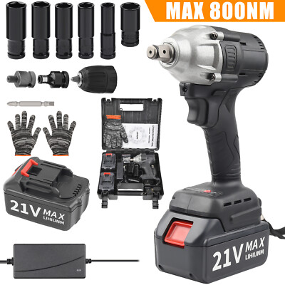 Cordless Electric Impact Wrench Gun 1/2'' High Power Driver with Li-ion ...