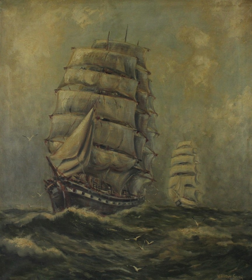 Boston artist W. HARRY SMITH (1875-1951), 2 sailing ships large oil on ...