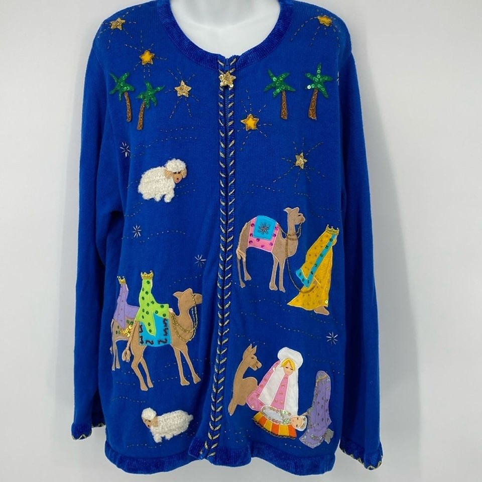 Quacker Factory Embroidered Nativity Scene Blue Christmas Sweater Full ...
