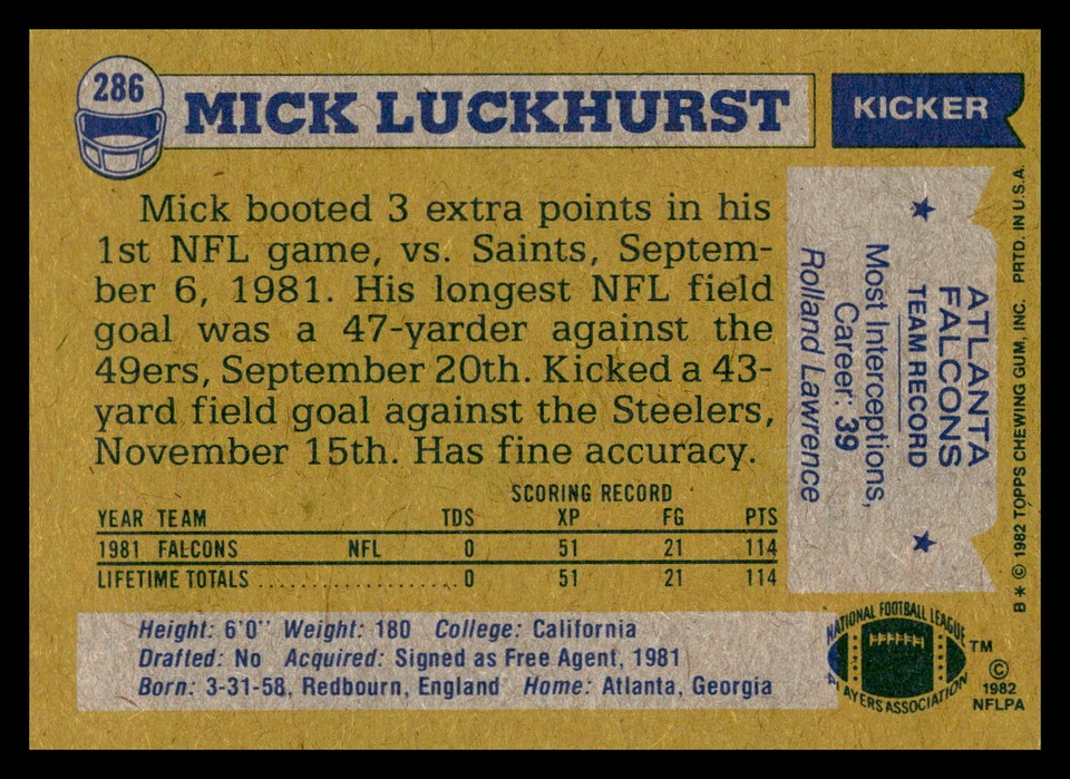 1982 Topps #286 Mick Luckhurst Atlanta Falcons RC Football Card EX/NM ...