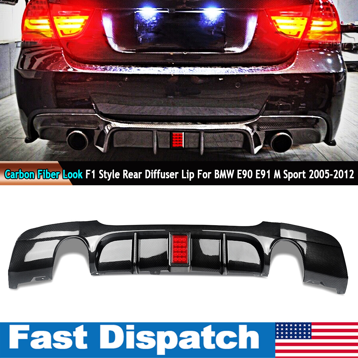 Carbon Look Rear Bumper Diffuser Lip W/ LED For BMW E90 E91 M Sport ...