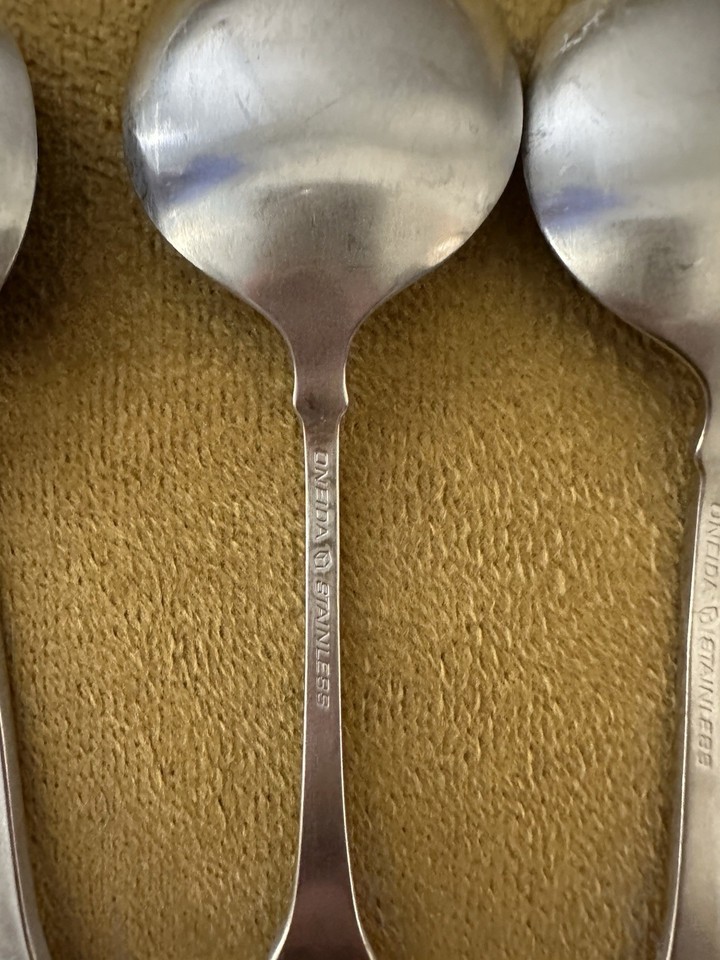 (4) Small Round Cream Spoons Oneida AMERICAN COLONIAL CUBE Satin ...