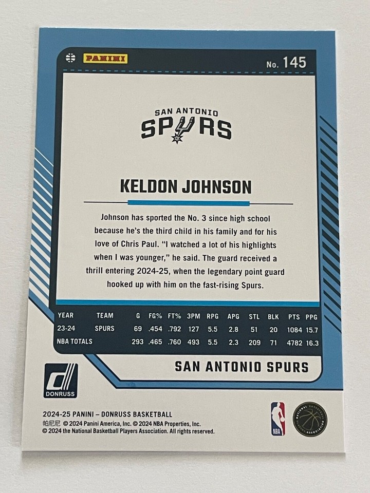2024-25 Panini Donruss Keldon Johnson #145 Base Card San Antonio Spurs ...