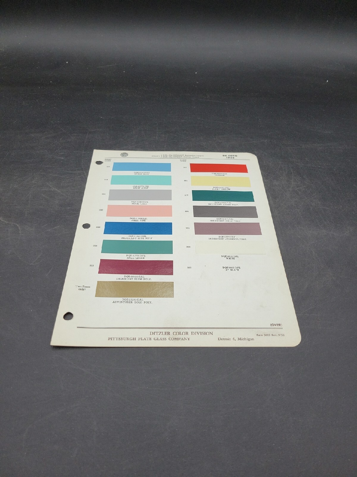 1956 DITZLER PPG COLOR DIVISION DE SOTO PAINT CHIP SWATCH SHEET FORM ...