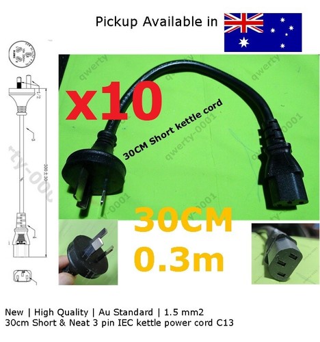 x10 Brand new 3 pin AU SHORT 0.3m 30cm C13 PC PSU Kettle Cord Power ...