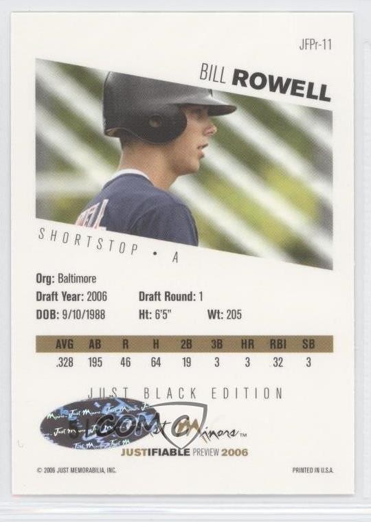2006 Just Minors Justifiable Preview Black /25 Billy Rowell #JFPr-11 ...