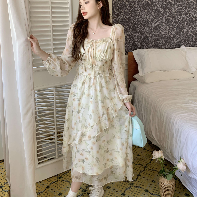 Women Girl Floral Chiffon Dress Tiered Ruffle Long Sleeve Women Girl Floral Chiffon Dress Tiered Ruffle Long Sleeve