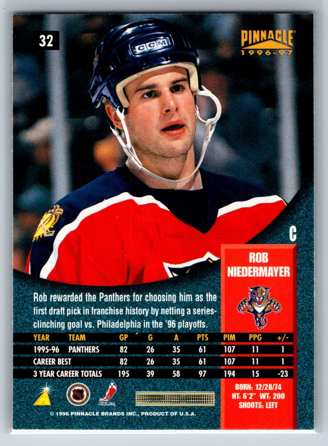 1996-97 Pinnacle Rob Niedermayer Florida Panthers #32 | eBay