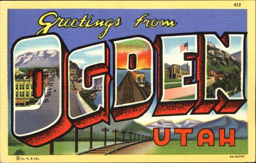 Greetings from Ogden Utah UT ~ Large Letter Linen 1940s ~ railroad ...