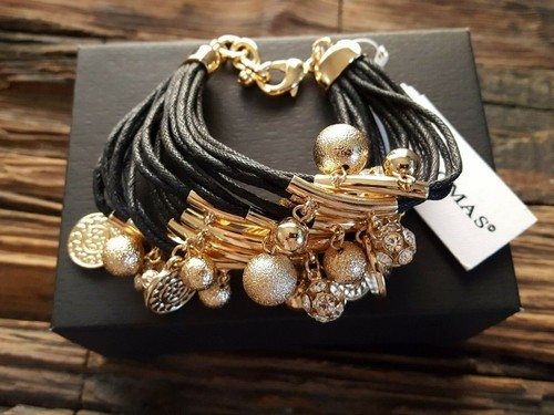 NWT, St Thomas Bracelet, Black Leather, Gold Tone Metal and Beads ...