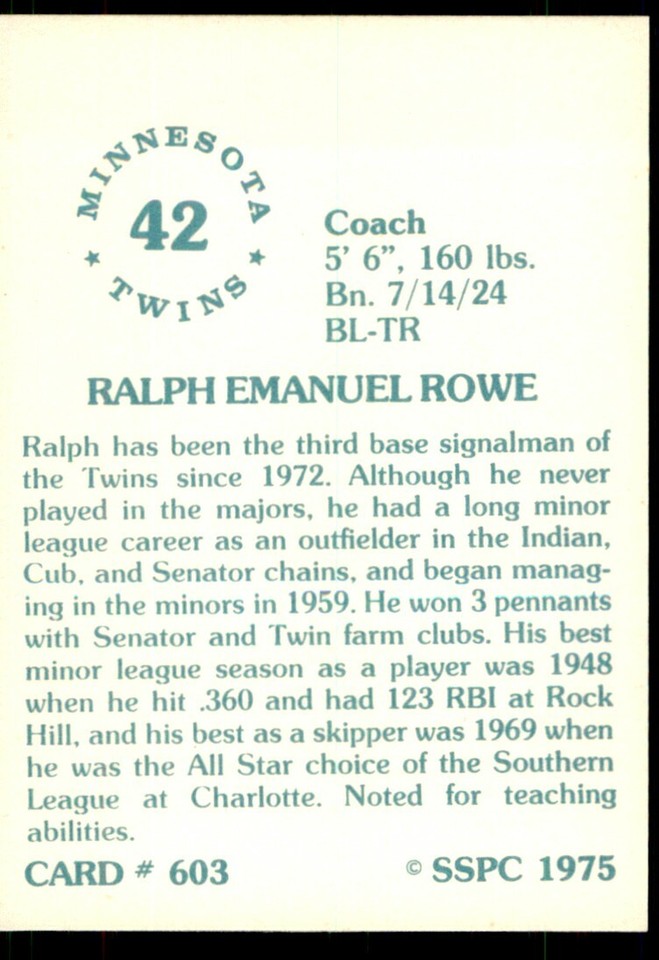 1976 SSPC Ralph Rowe Minnesota Twins #603 | eBay