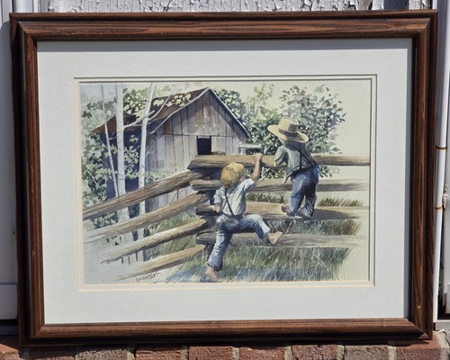 Jim Secrest Signed Original Amish Boys Fence Barn Watercolor Painting ...