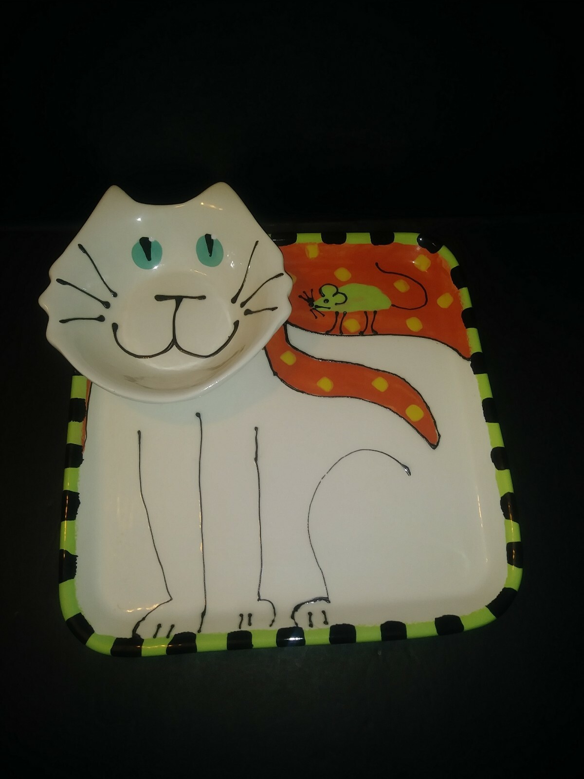 Lanz Russell Ceramic Cat & Mouse Chip & Dip Tray Platter 10.5"L x11.75 ...
