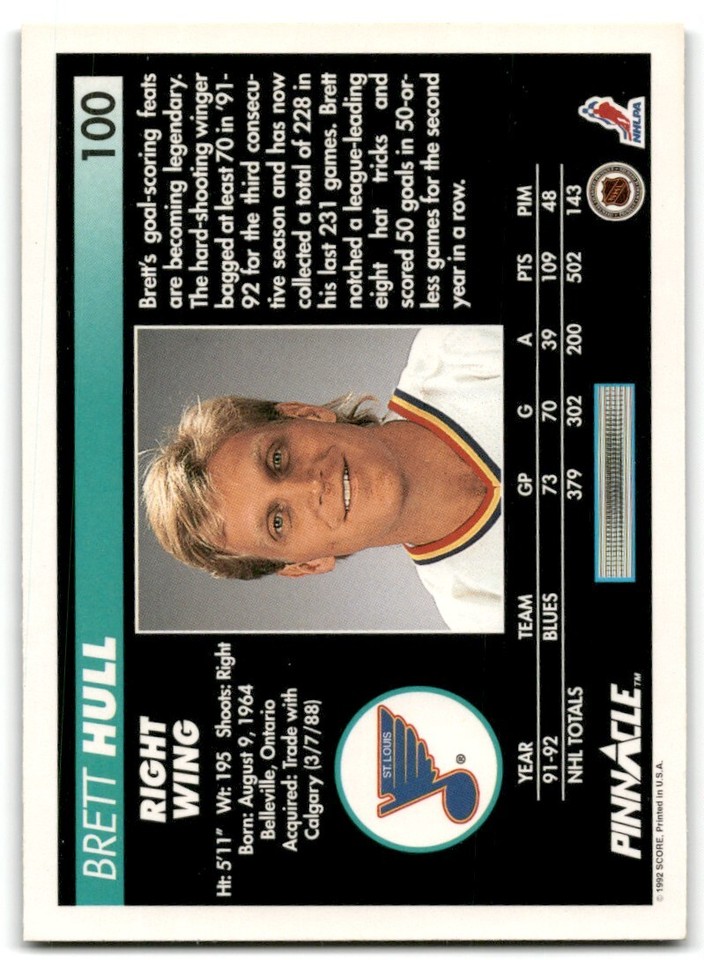 1992-93 Pinnacle Hockey Card Brett Hull #100 St. Louis Blues | eBay