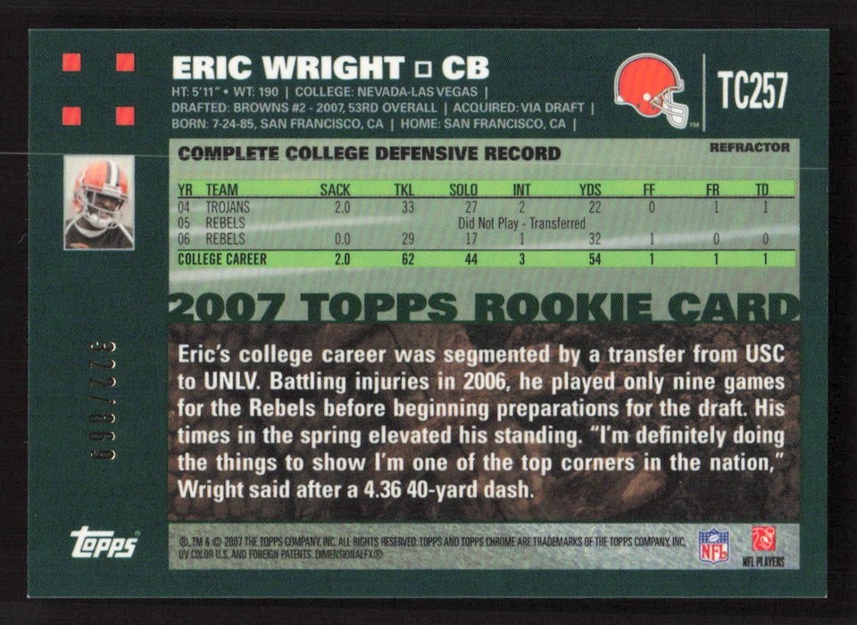 2007 Topps Chrome Eric Wright White Refractor #/869 RC Rookie #TC257 ...