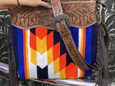 Aztec LEATHER TRIM Bag with Fringes ALL COLORS | eBay