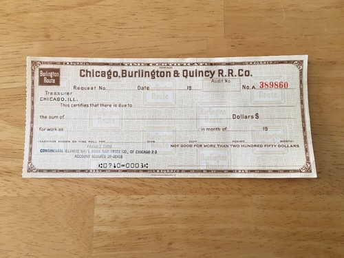 Burlington Route Chicago Quincy Railroad Blank Time Certificate Bank ...