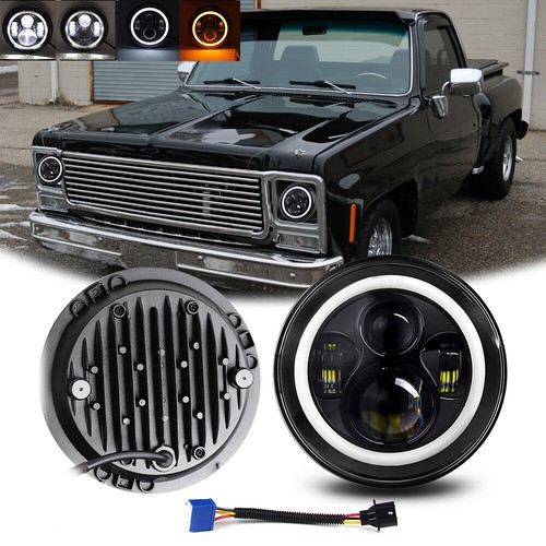 7" Projector LED Headlight Amber Halo DRL for Chevrolet C10 Pickup ...