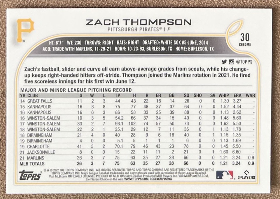 2022 Topps Chrome Zach Thompson Rookie Pittsburgh Pirates #30 MLB ...