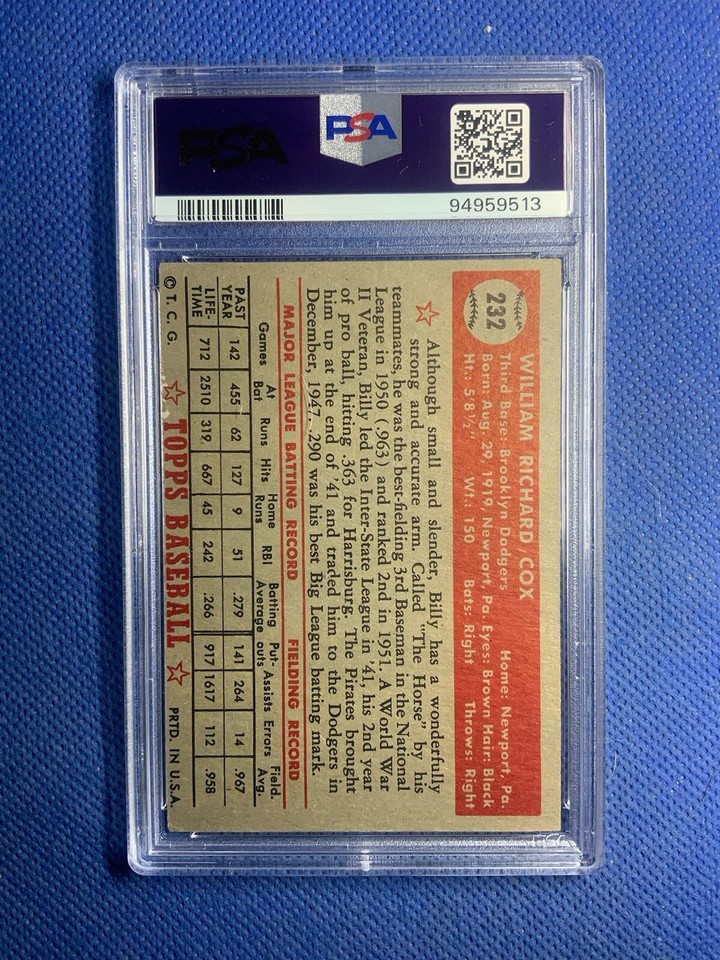 1952 TOPPS BASEBALL #232 BILLY COX, BROOKLYN DODGERS - PSA 4.5 VG-EX+ ...