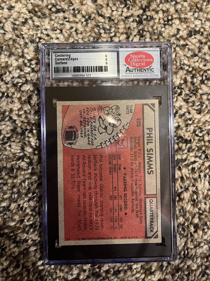 1980 Topps Phil Simms Football Card #225 Rookie Card SCD 7 NM-MT Newly ...