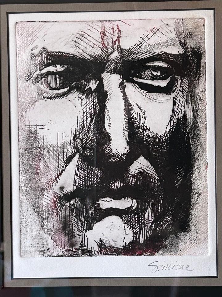 Original Etching of a Mans Face Inked in Black & Red Signed Simione ...