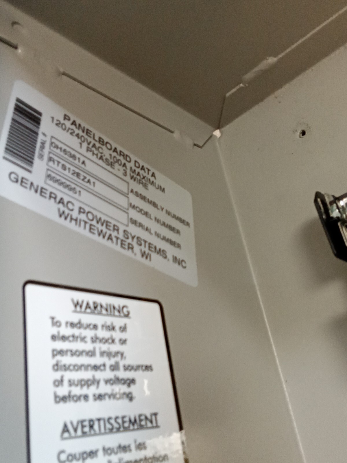 Generac automatic EZ transfer switch 100A , 240VA, 0H6381 Rev A, MISS ...