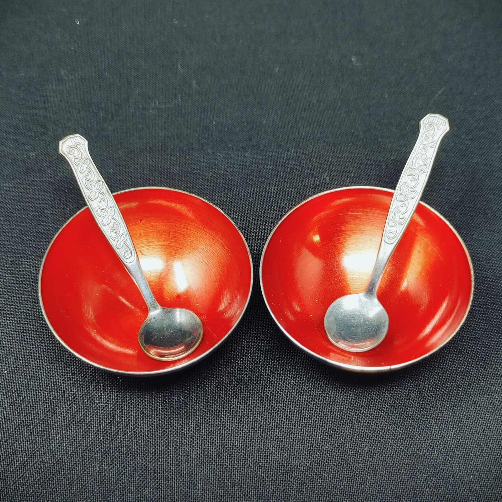 Vintage Meka Denmark Sterling Silver Red Enamel Salt Cellar/Spoon Set ...