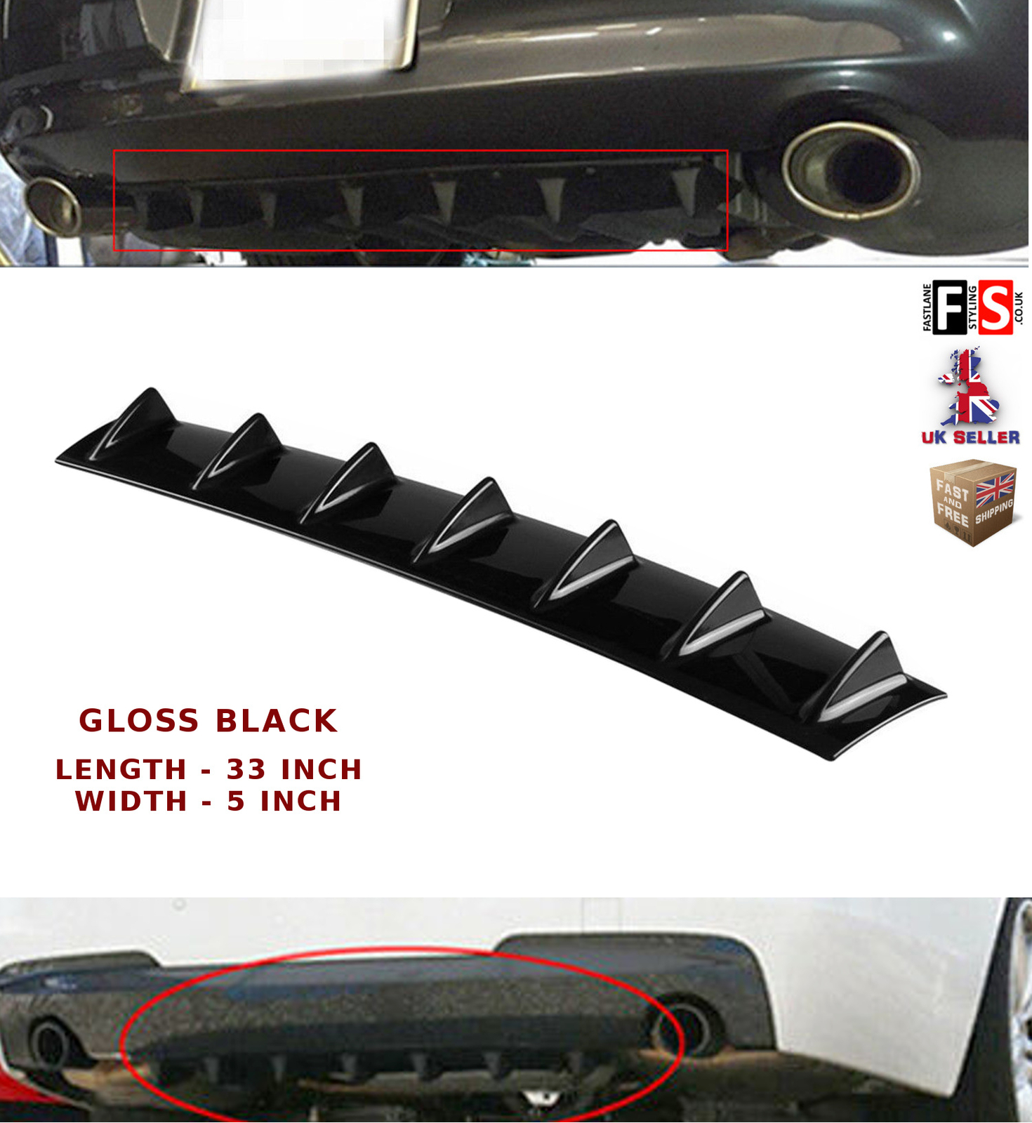 UNIVERSAL LOWER BUMPER DIFFUSER VANES 7 SHARK FIN SPOILER GLOSS BLACK ...