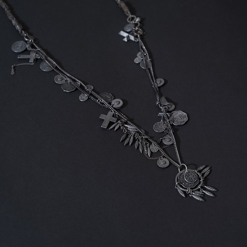 ALL SAINTS Necklace Chain Crosses Coins Charms Long Vintage Charm Grey ...
