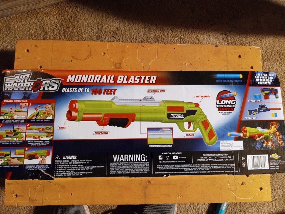 NEW Buzz Bee Toy Air Warrior Monorail Blaster 12 Long Distance Darts ...