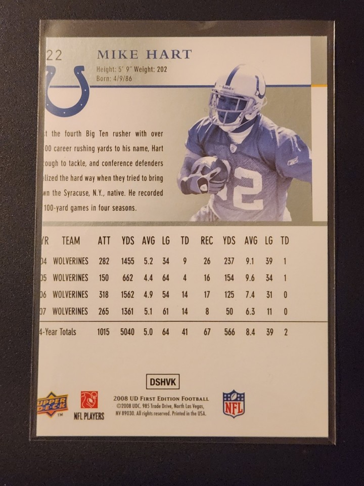 2008 Upper Deck First Edition #222 Mike Hart RC (Miscut/Misprint/Error ...