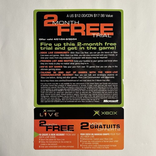 (6x) Original XBOX Live New 2 Month Free Trial Unused Collectors Card ...