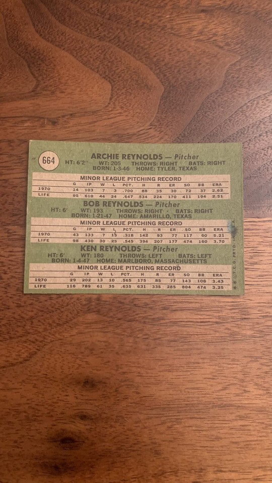 1971 Topps ARCHIE / BOB / KEN REYNOLDS #664 Rookie Stars High Number | eBay