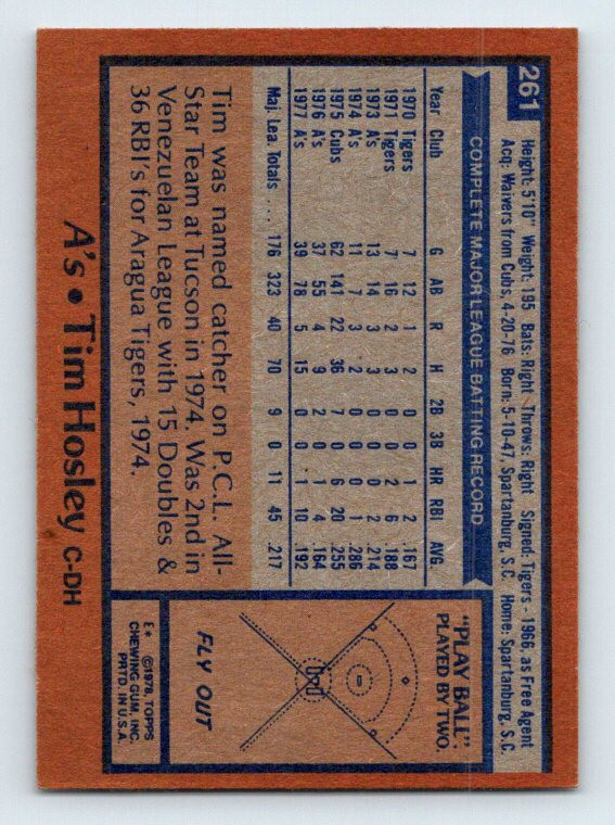 TIM HOSLEY Oakland Athletics 1978 Topps Baseball Card B205 | eBay