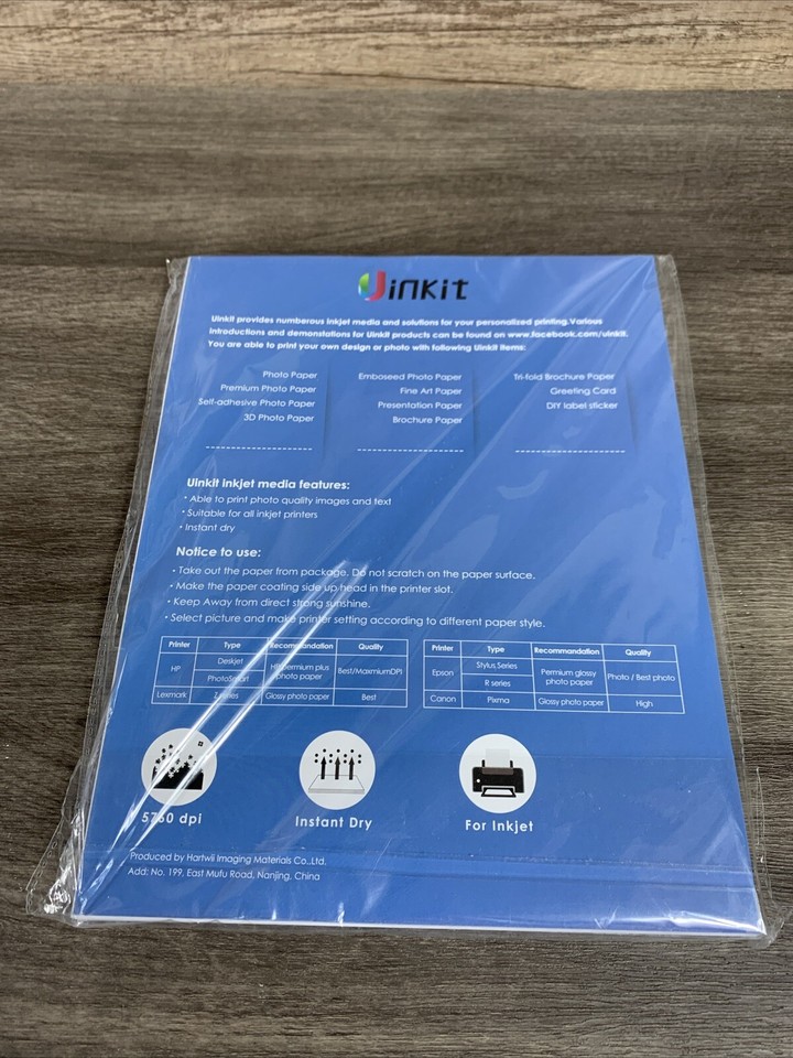 Uinkit 100 sheets Inkjet Glossy Photo Paper Single Sided 8.5x11 Inkjet ...