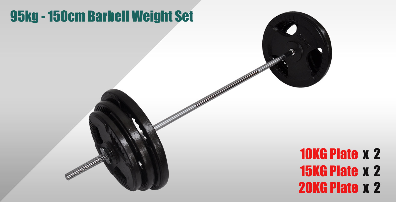 95kg Ez Grip Cast Iron Barbell Weight Set - 150cm Bar + 90kg Iron ...