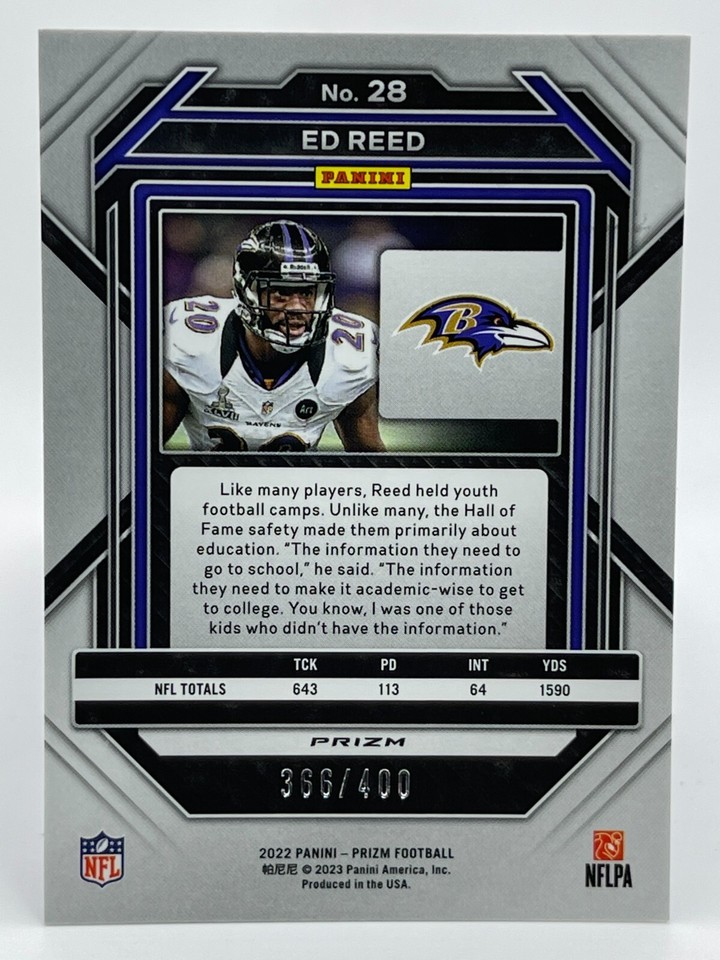 2022 Panini Pandora Prizm ED REED Ravens #28 Premium 366/400 Free ...