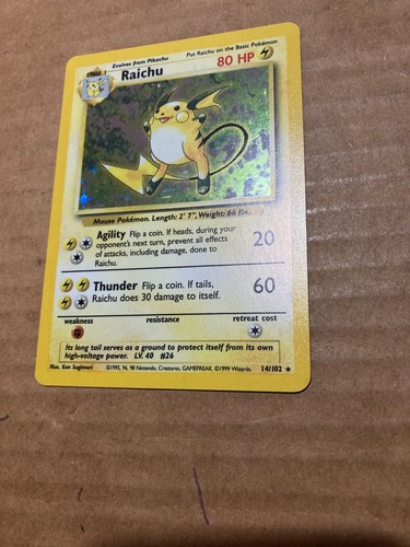 Raichu Pokemon Card Holo WOTC 14/102 Base Set Rare Vintage 1999 ...
