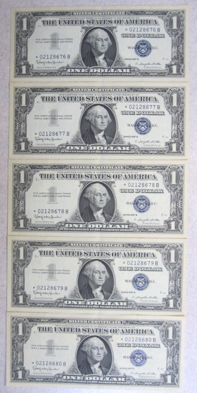 1957B $1 *Silver Certificates* Set of 5 Sequential Serial Numbered ...