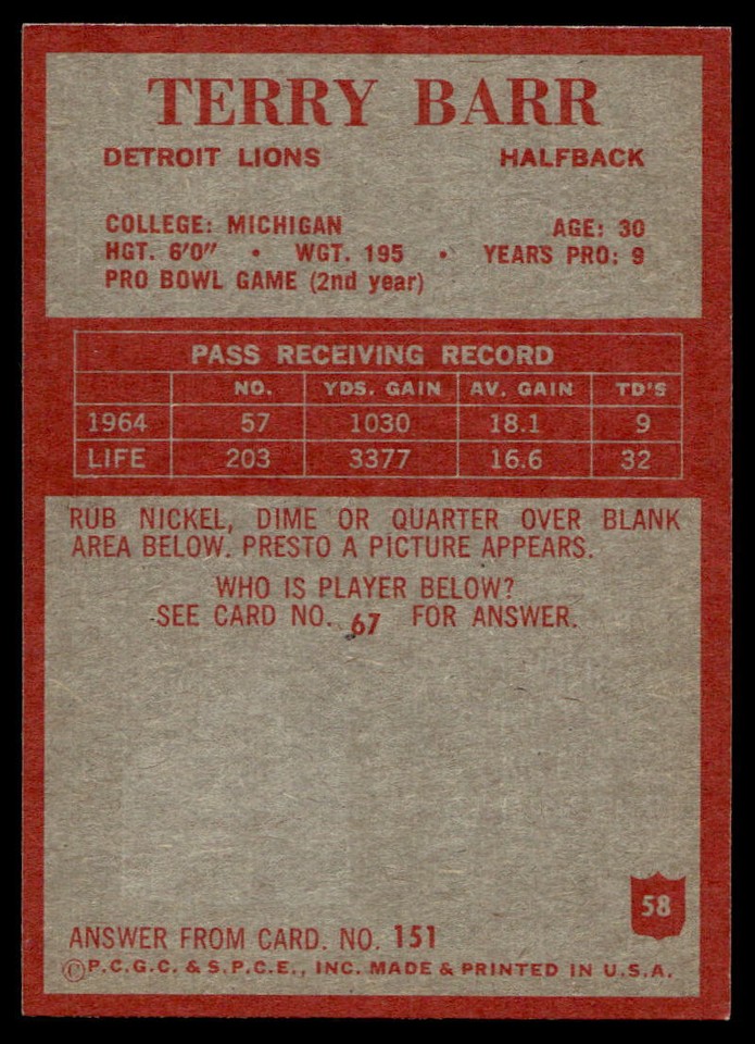 1965 Philadelphia #58 Terry Barr Detroit Lions MINT or Better HIGH ...