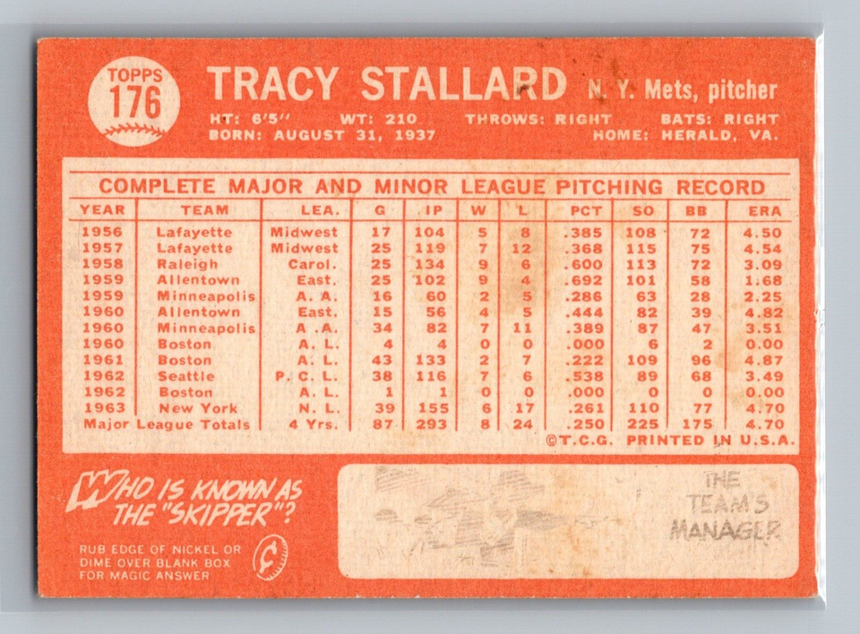 1964 Topps Tracy Stallard #176 - New York Mets - EX | eBay