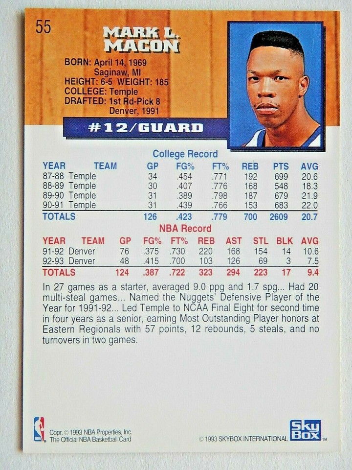 Mark Macon #55 NBA Hoops 1993 Basketball Card (Denver Nuggets) VG | eBay