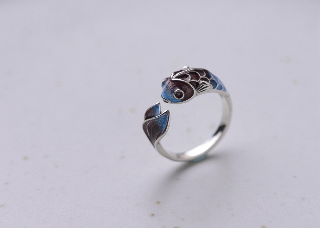 S925 Sterling Silver Vintage Enamel Lucky Carp Ring Blue & Purple ...