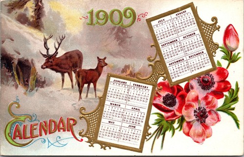 New Year Postcard Antique Buck Doe Deer Stag Winter Scene 1909 Full ...