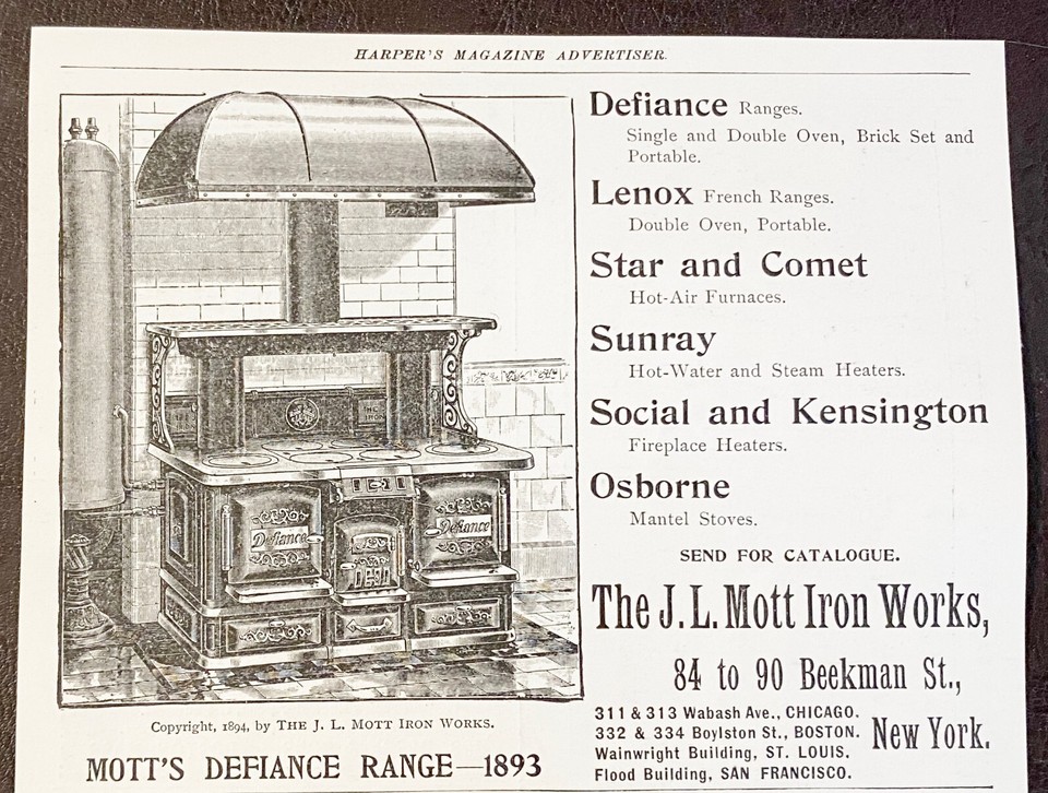 1896 J.L. MOTT Iron Works Antique Defiance Range Cooktop Stove Oven Vtg ...